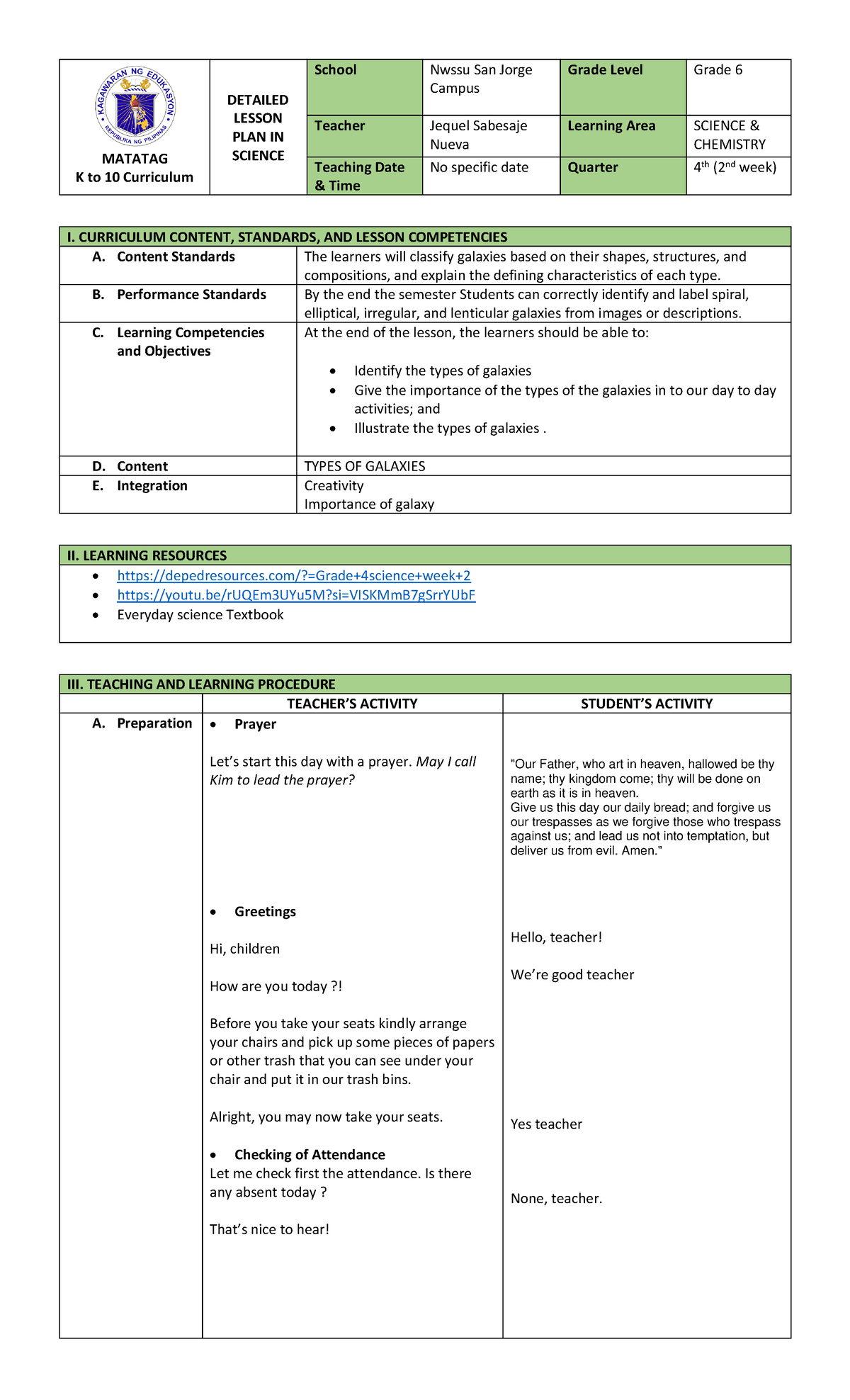 Grade 6 Science Lesson Plan: Types of Galaxies (K to 10 Curriculum ...