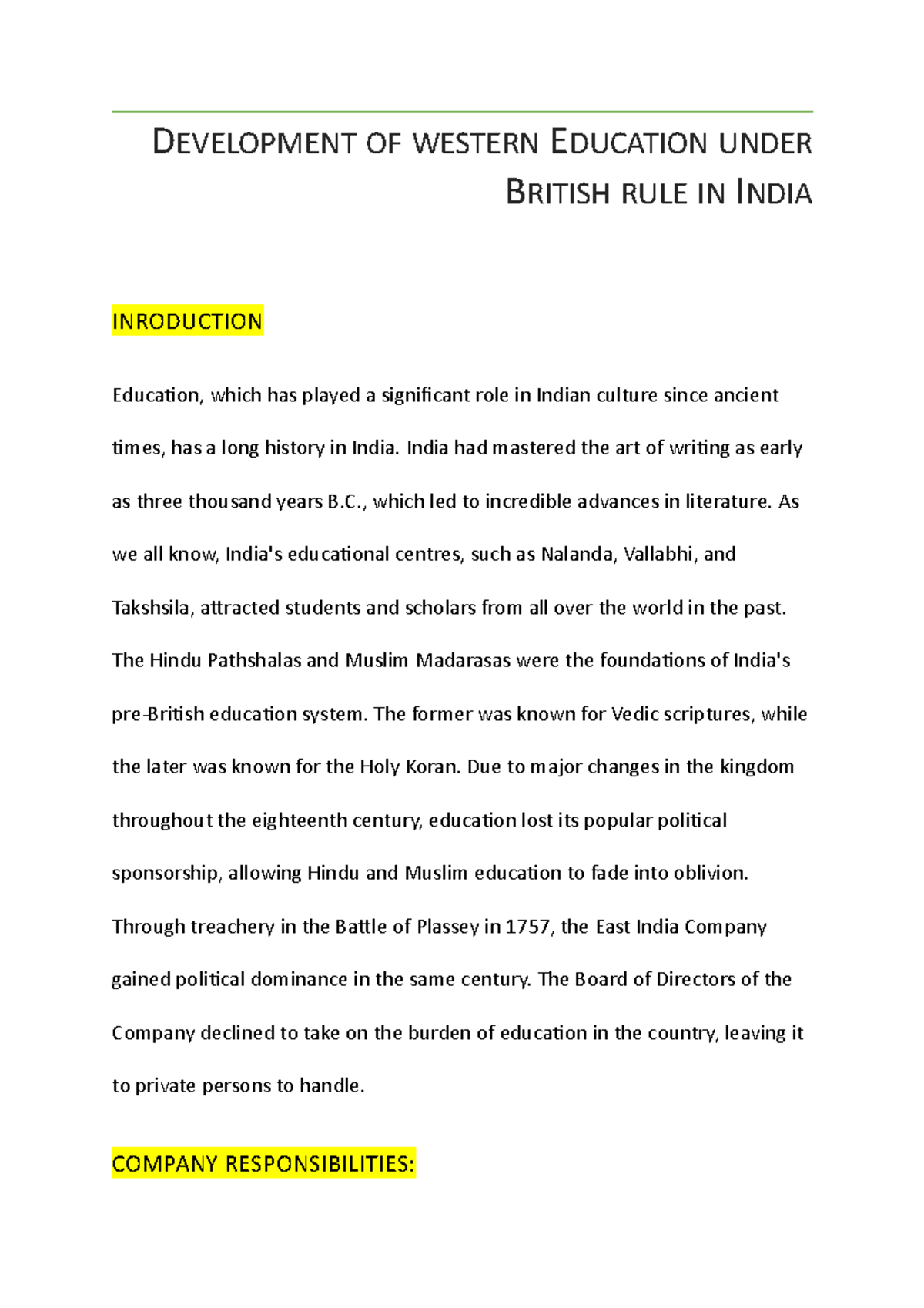 **Course Code: HIS 101 - Development of Western Education in Colonial ...