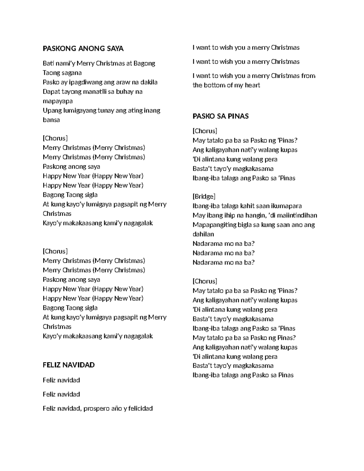 SHOW- Choir- Christmas Lyrics Compilation - Studocu