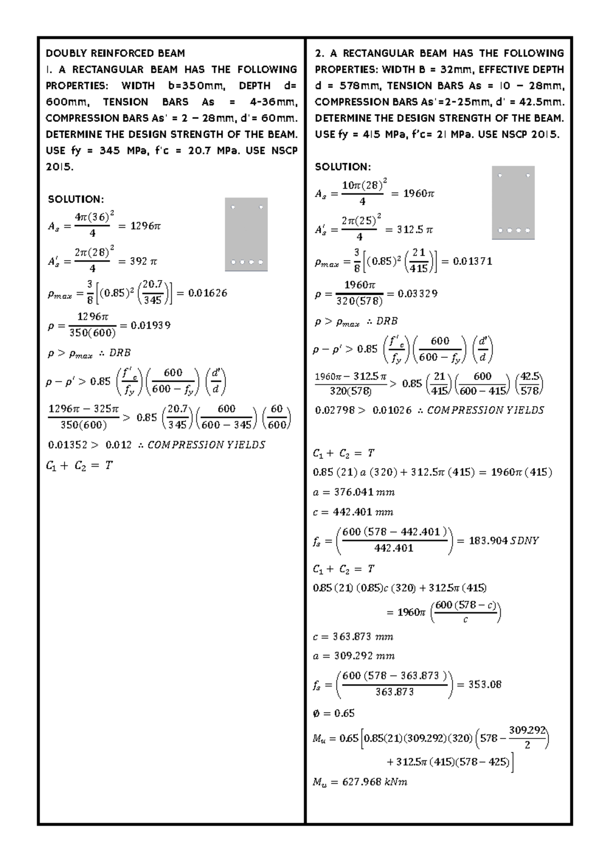 Doubly Reinforced Beam Analysis - RC Remaining Problems (RC 2015) - Studocu