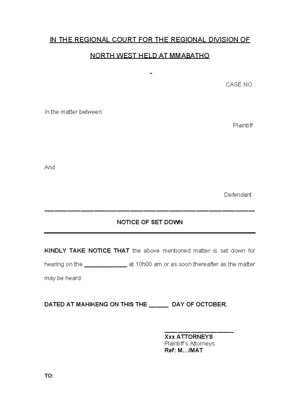 Notice of Set down and guidelines - SU 11-Class exercise What to know ...