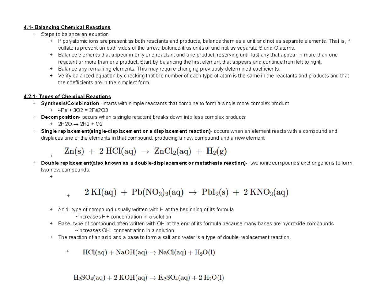 Ch. 4 Notes: Balancing Chemical Reactions and Types of Reactions - Studocu