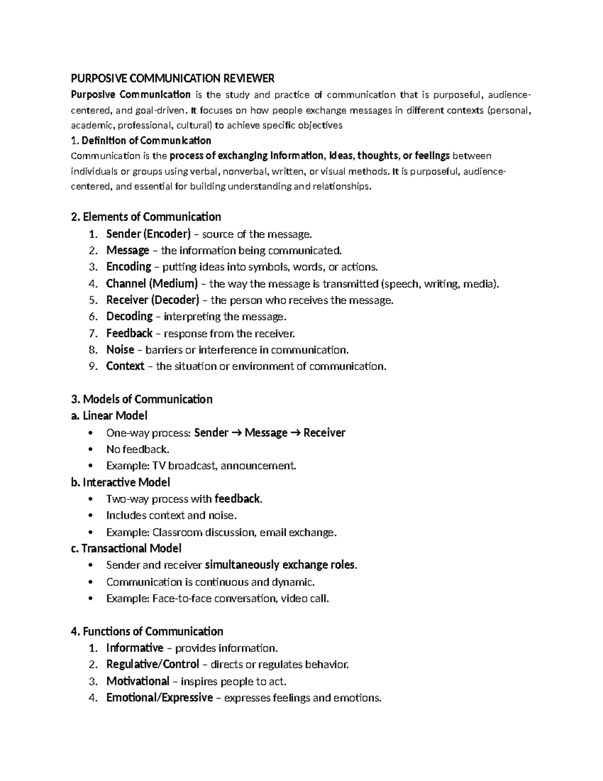 PURPOSIVE COMMUNICATION REVIEWER: Key Concepts and Models - Studocu