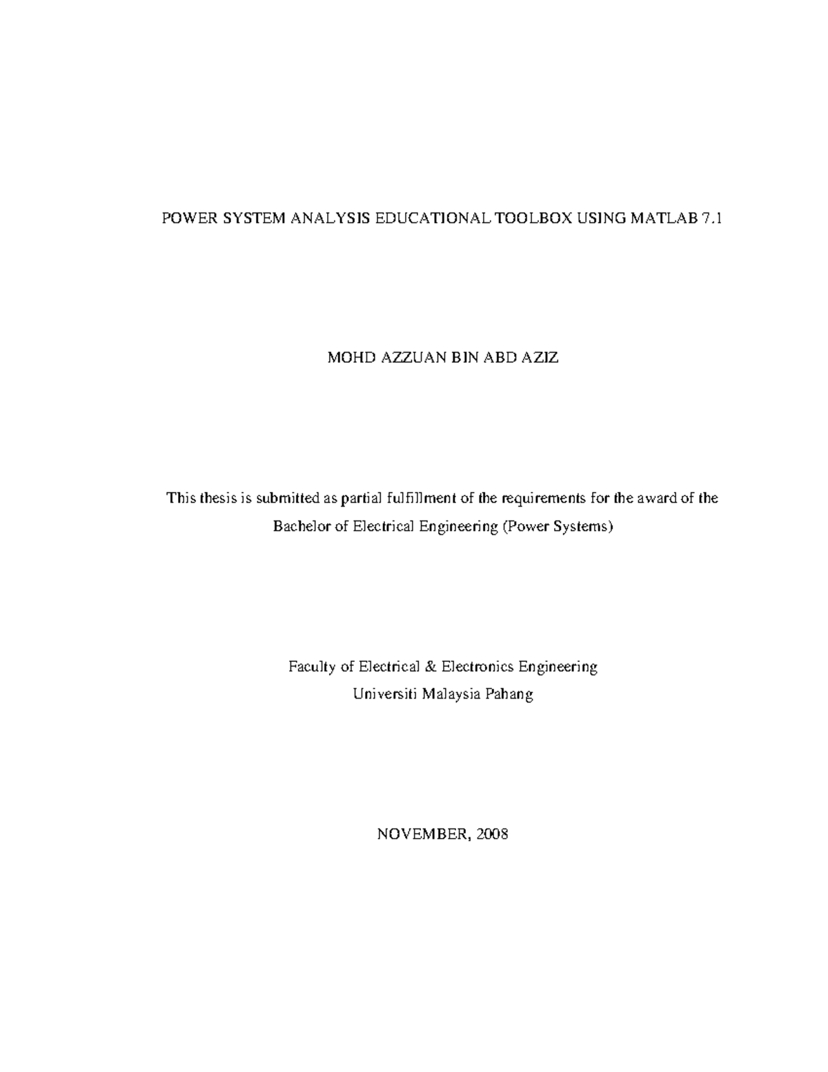 Power System Analysis Toolbox Using MATLAB 7.1 - Final Year Project ...