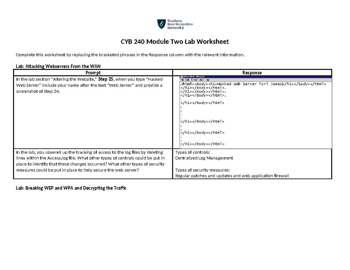 CYB 240 Module Two Lab Worksheet: Webserver Security & Attacks - Studocu