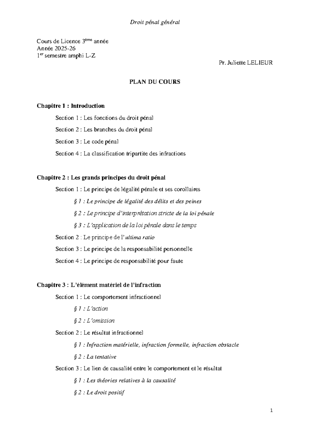 Droit Pénal Général - Cours L3 - Plan du Cours 2025 - Studocu