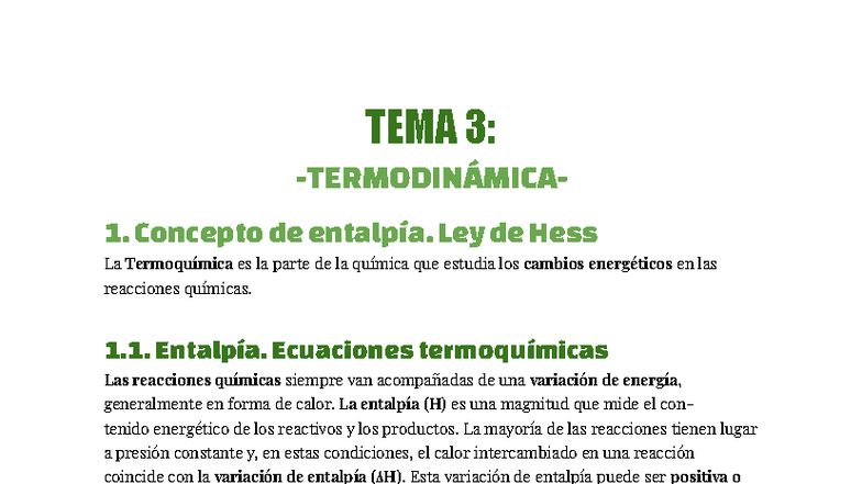 TEMA 3: Entalpía y Ley de Hess en Termodinámica - Studocu