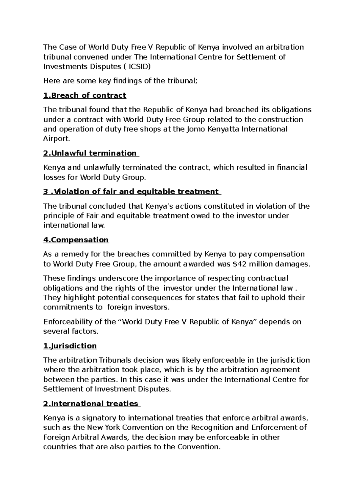 Final Findings and Enforceability of World Duty Free v Kenya Case - Studocu
