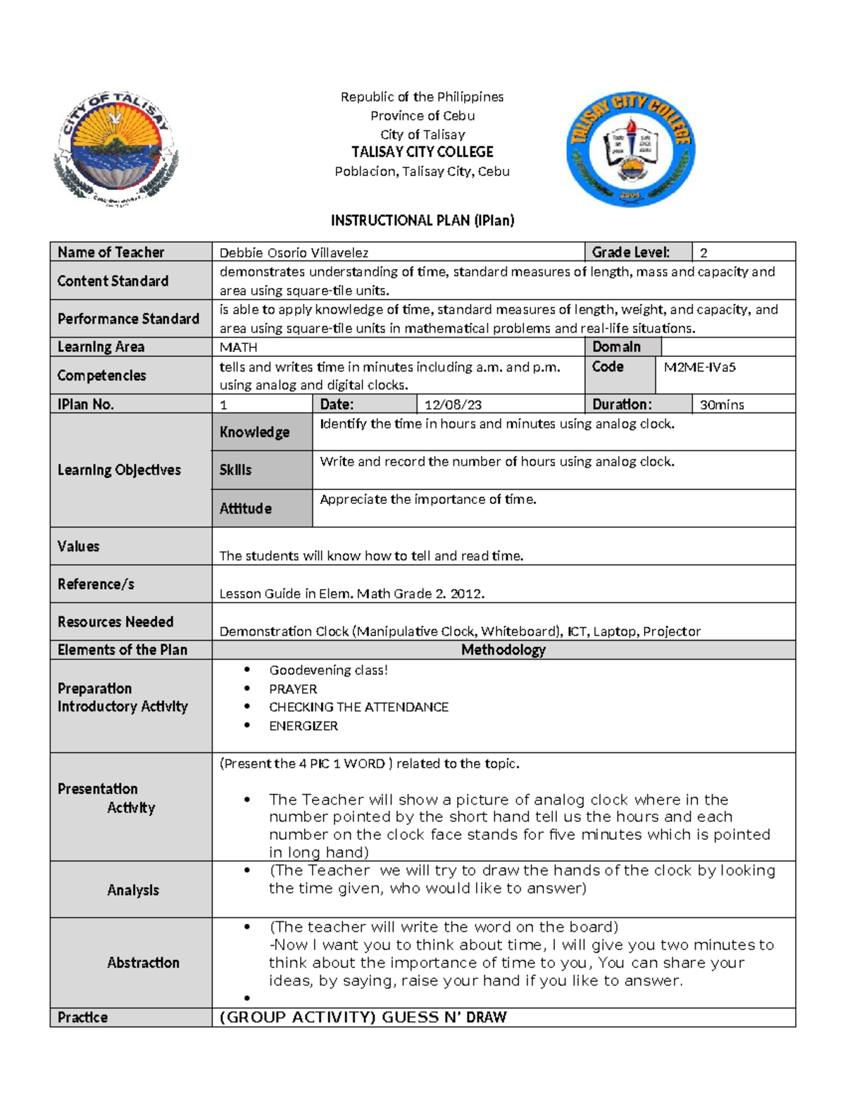 Math iPlan for grade 2: Understanding time and measurements - Studocu
