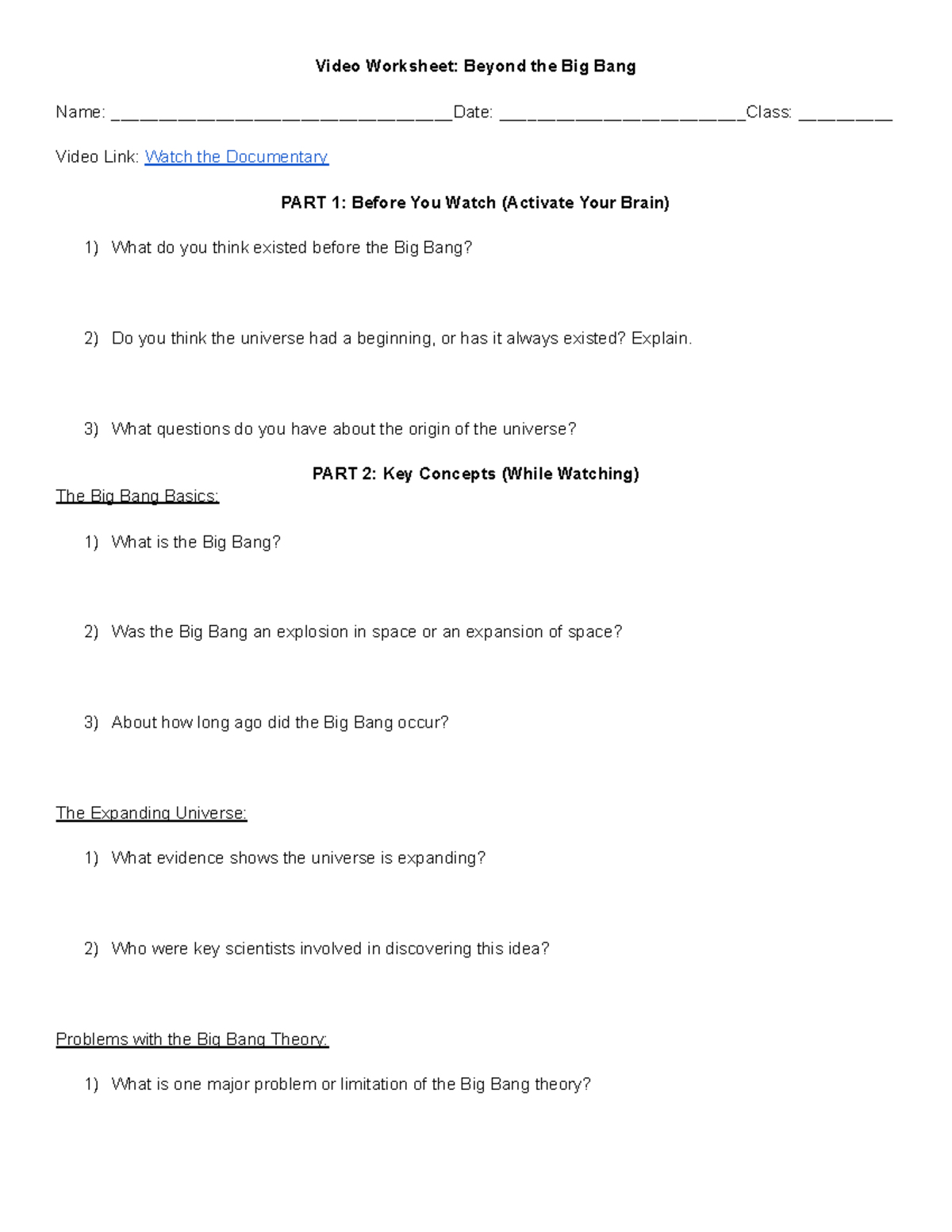Video Worksheet: Exploring the Universe Before the Big Bang - Studocu