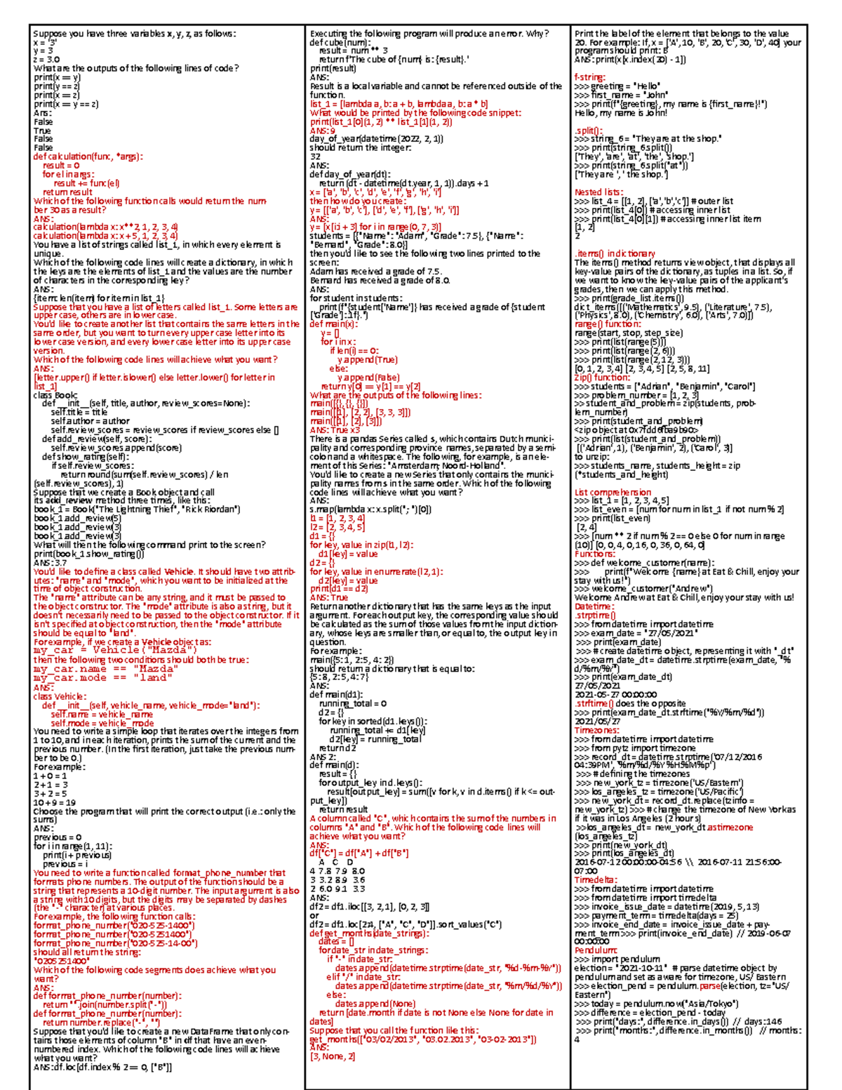 Python Endterm Cheat Sheet: Key Concepts & Code Snippets - Studeersnel