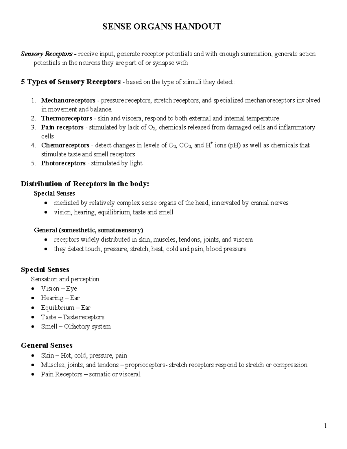 Human Anatomy & Physiology: Special Senses Overview Notes - Studocu