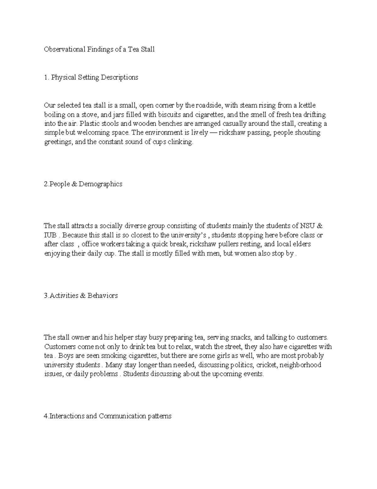 Observational Study of a Tea Stall: NSU IUB Student Interactions - Studocu