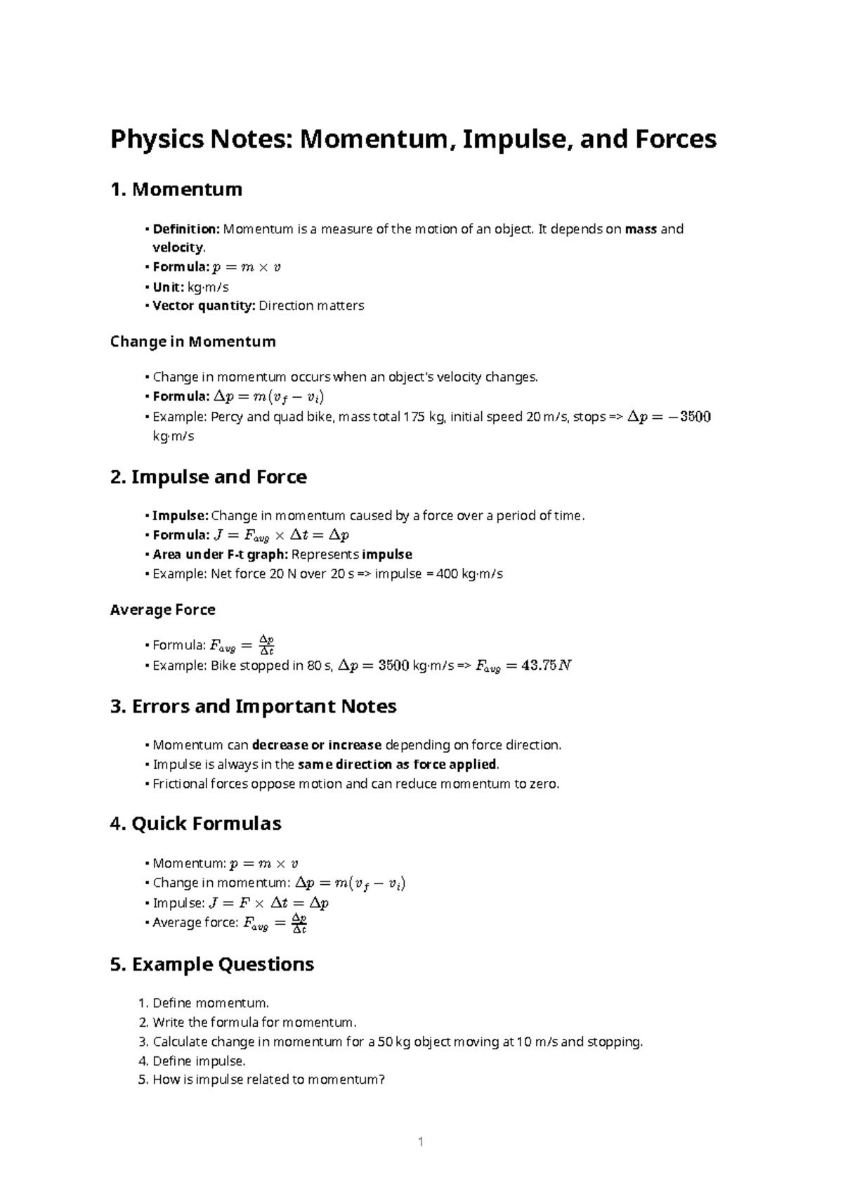 Physics Notes: Momentum, Impulse, and Forces (PHYS 101) - Studocu