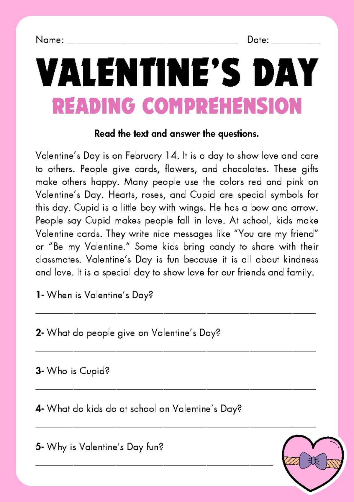 Valentine's Day Reading Comprehension Worksheet in Pink Purple Cute ...