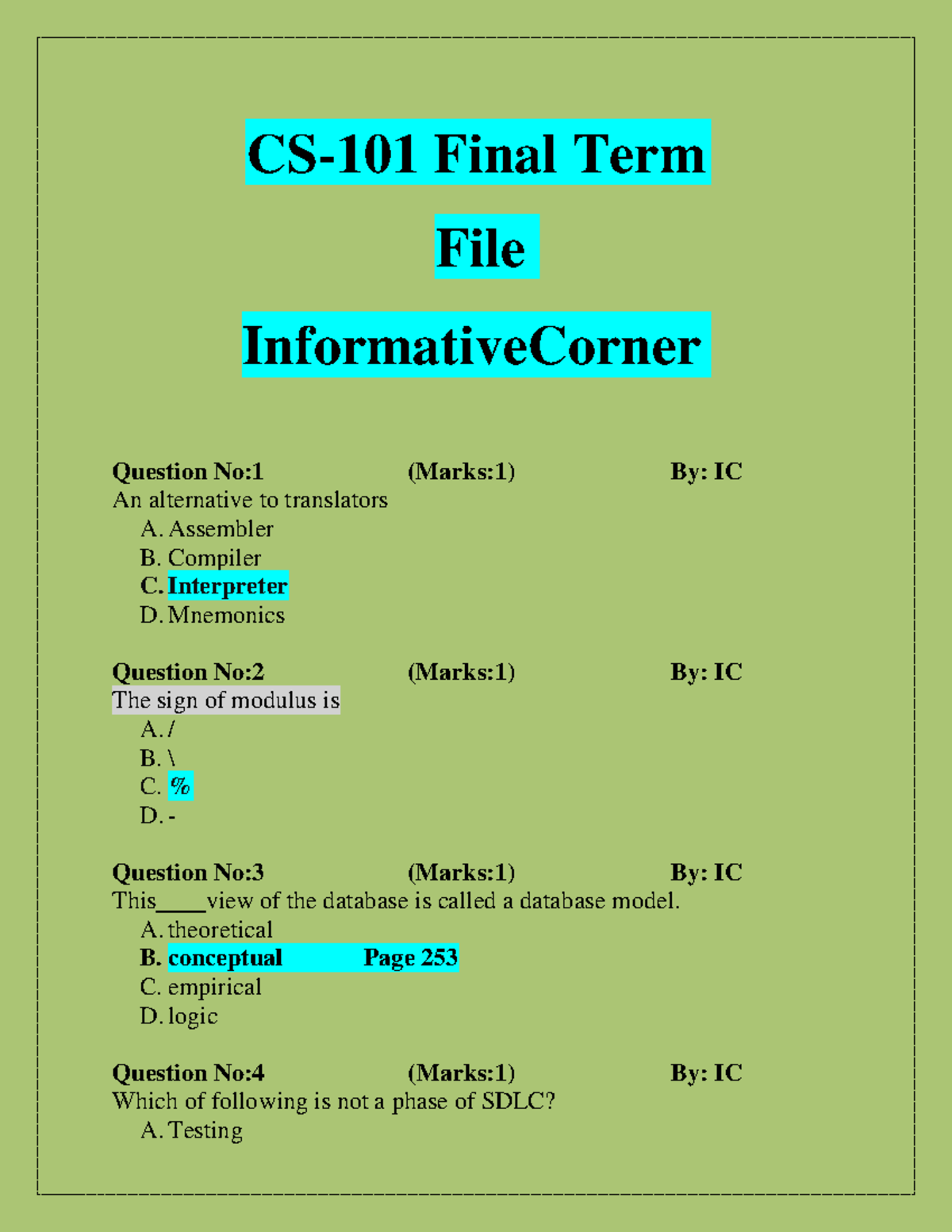 CS101 Quiz-3 By Informative Corner - CS-101 Final Term File InformativeCorner Question No:1 ...
