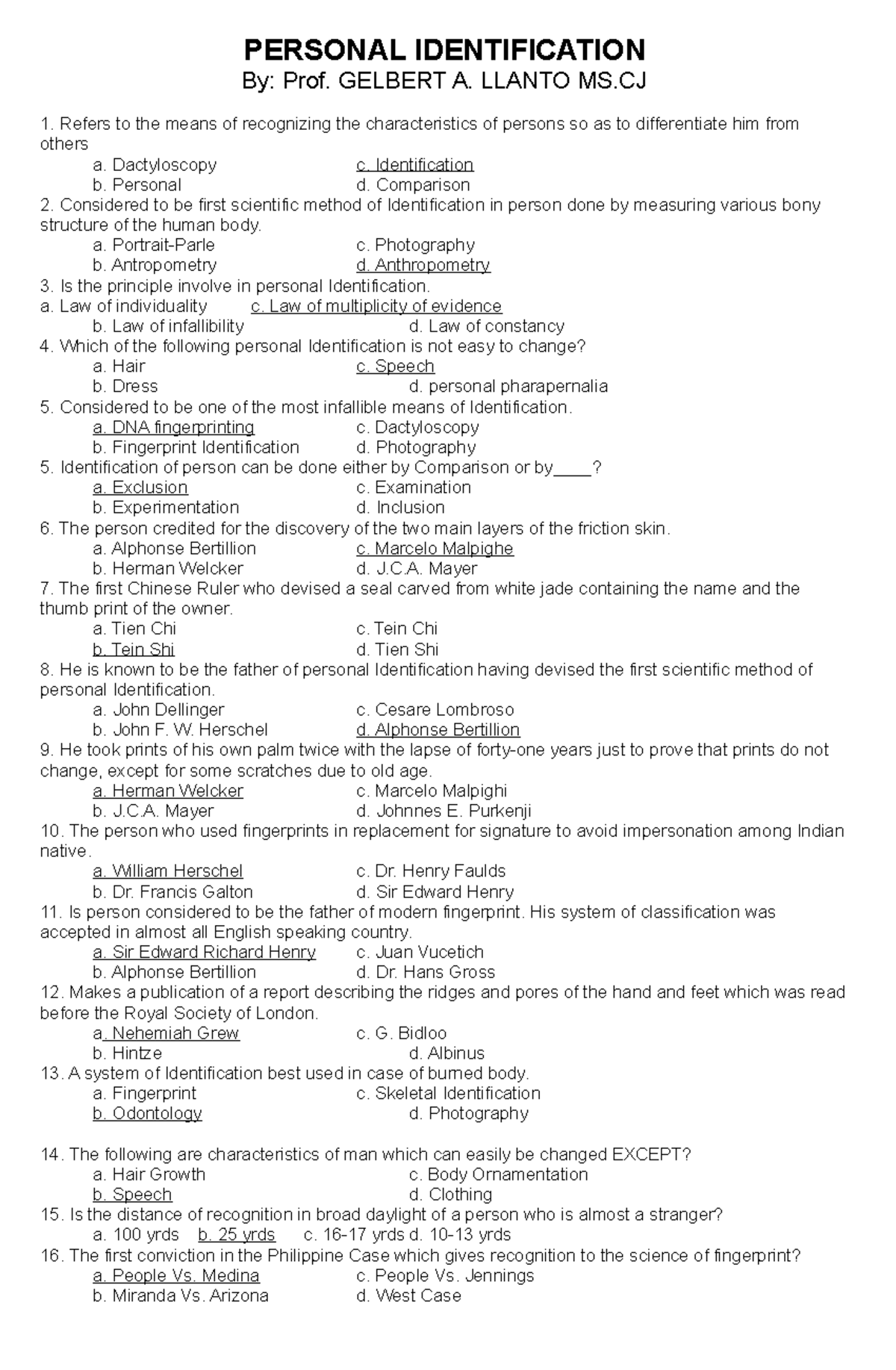 Personal Identification post test - PERSONAL IDENTIFICATION By: Prof ...