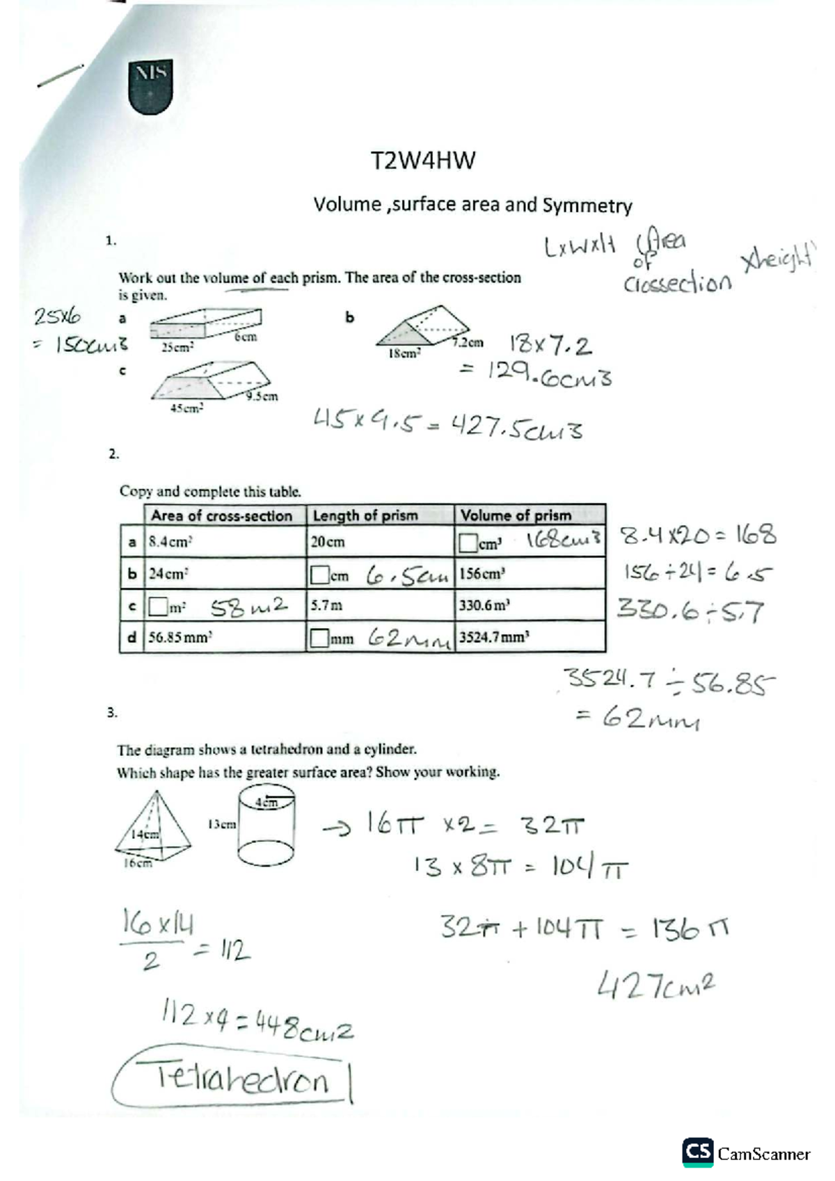 NIS T2W4HW Volume, Surface Area & Symmetry Calculations - Studocu