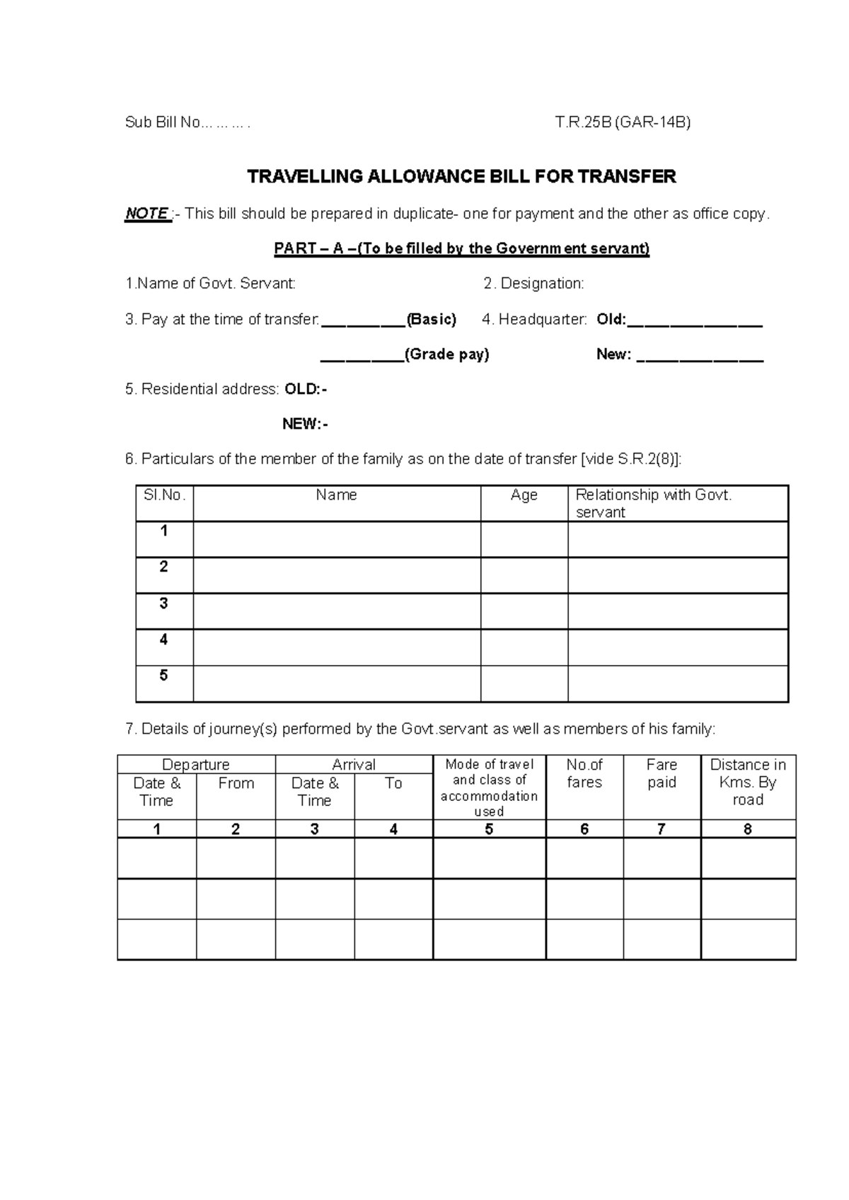 TA Bill for Transfer T.R.25B - Payment & Office Copy Form - Studocu