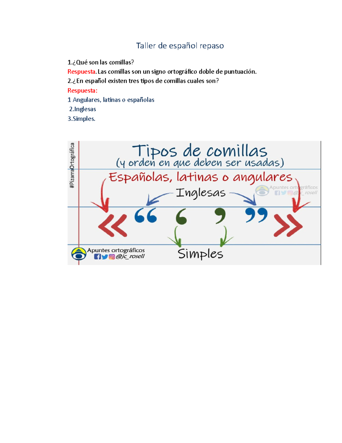 Taller de español repaso - ¿Qué son las comillas? Respuesta. Las ...
