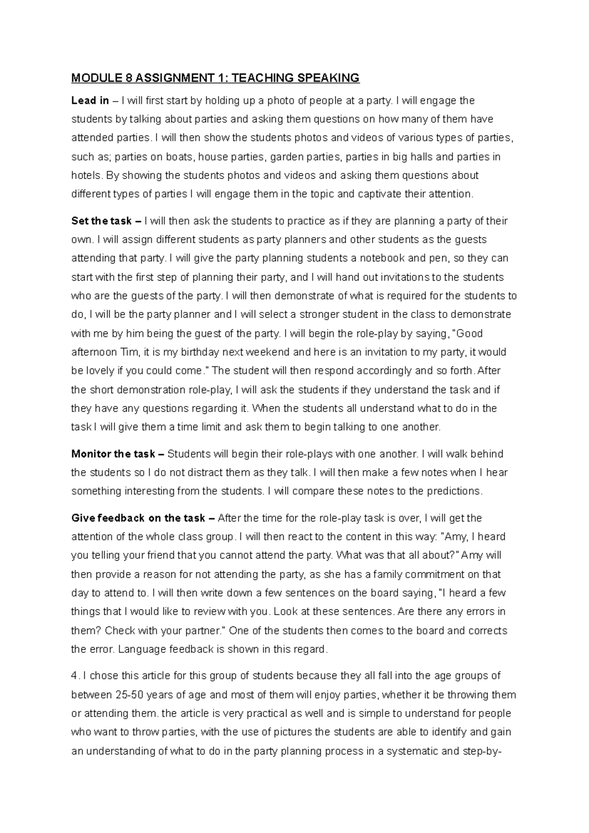 Module 8 Assignment 1 - teaching speaking - MODULE 8 ASSIGNMENT 1 ...