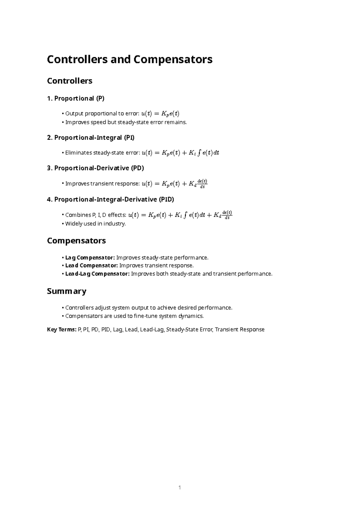 Controllers and Compensators: P, PI, PD, PID Overview - Studocu