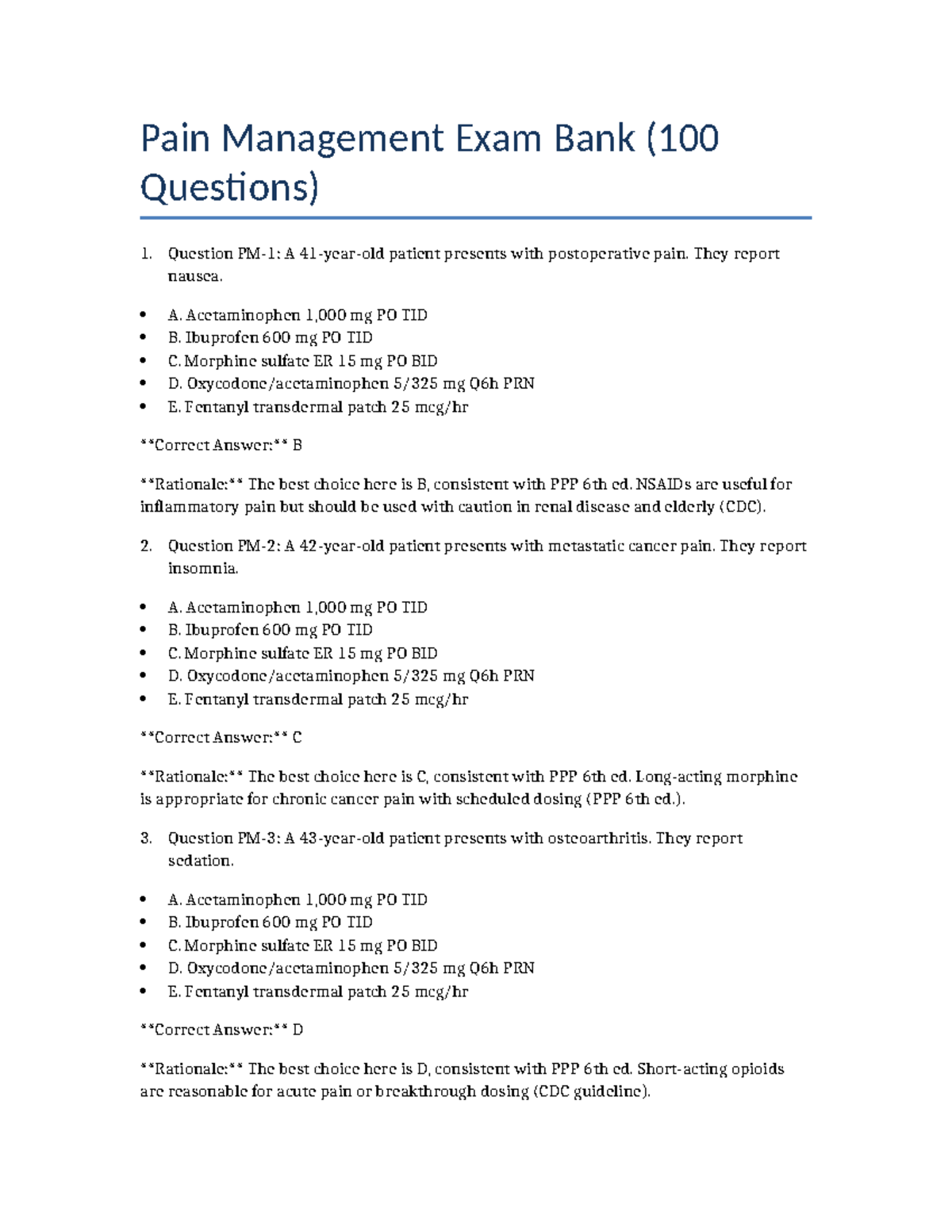 Pain Management Exam Bank (100 Questions) - Study Guide - Studocu