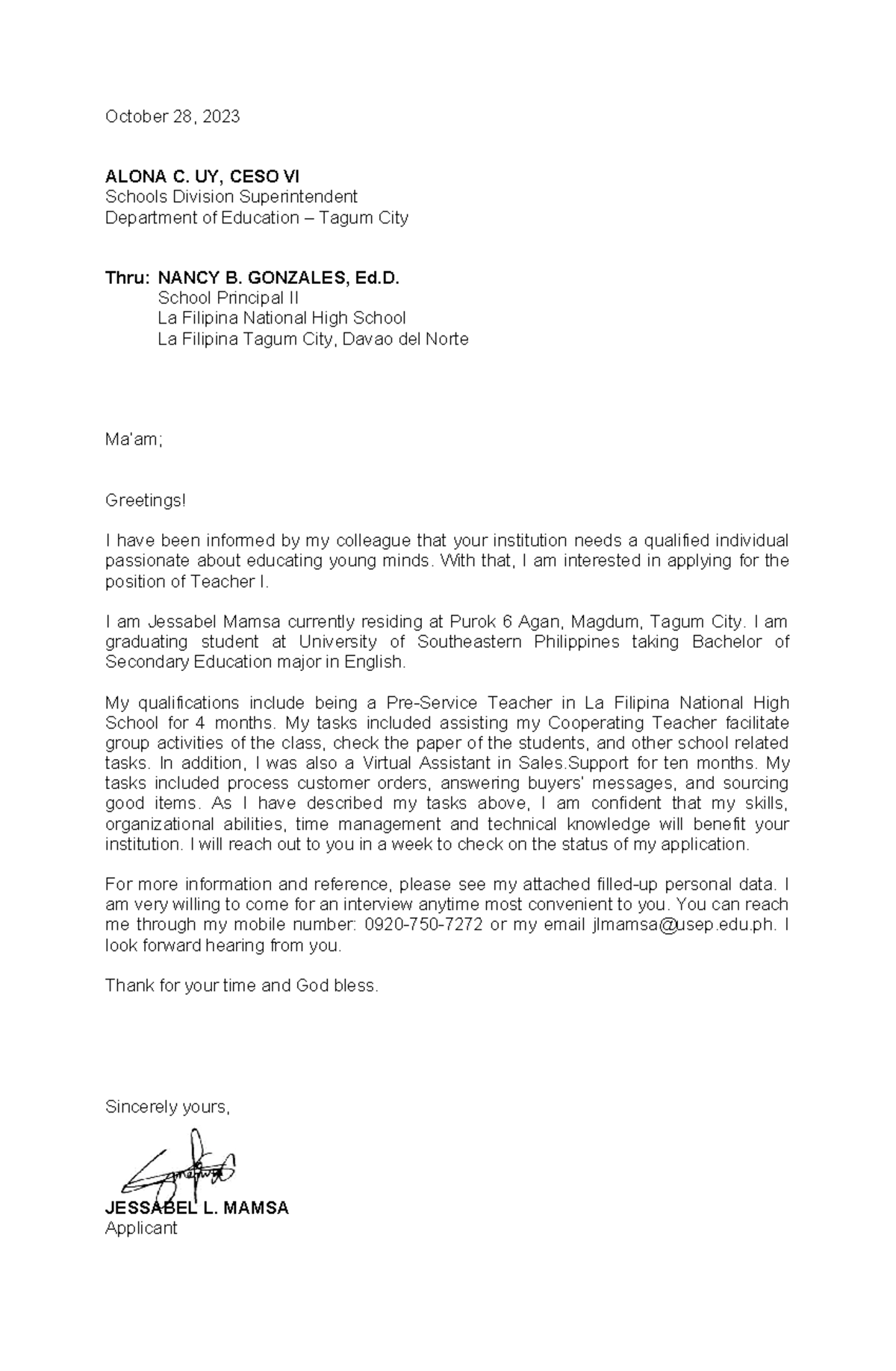 Application Letter 2023 - October 28, 2023 ALONA C. UY, CESO VI Schools ...