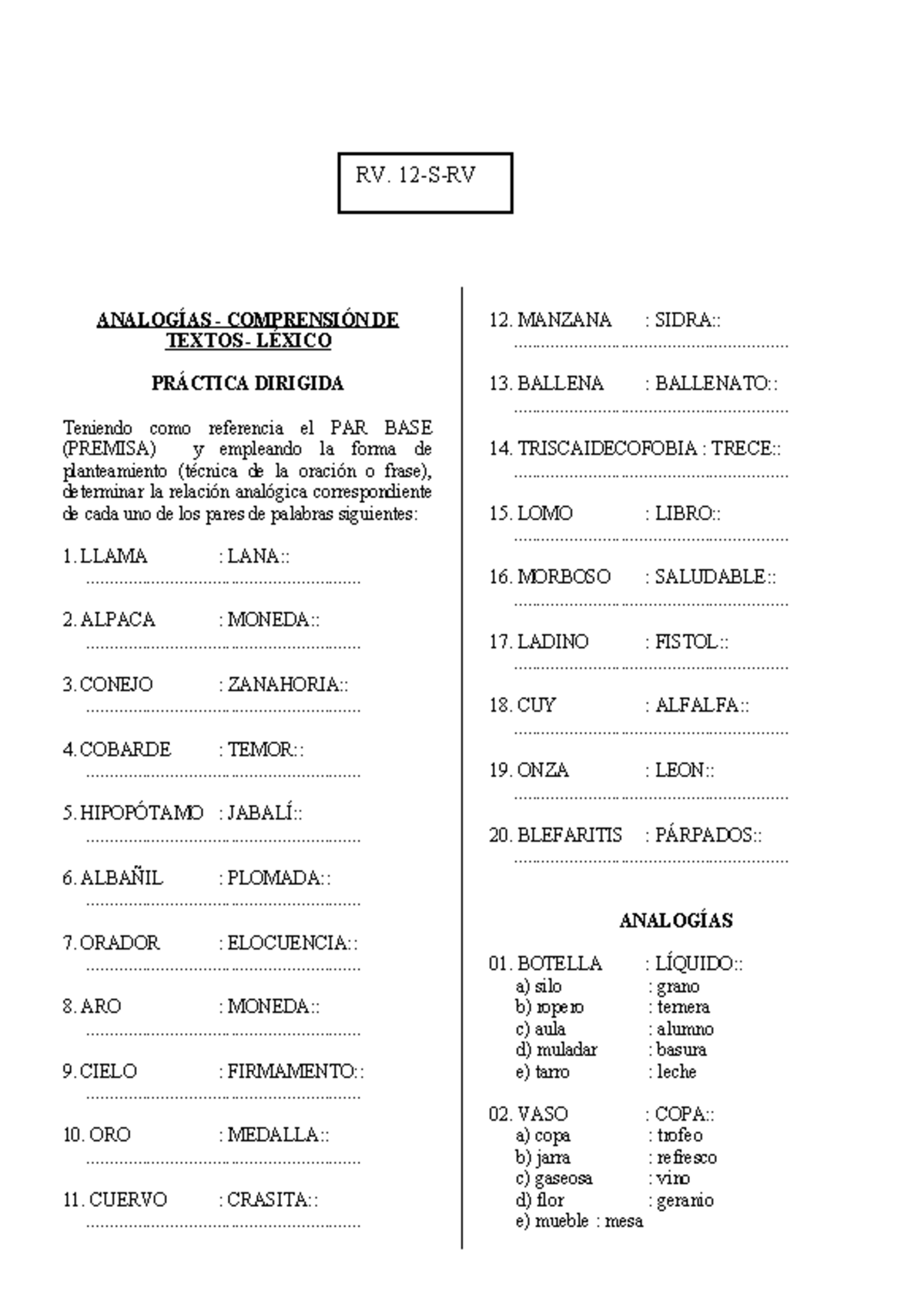 RV. PRÁCTICA DIRIGIDA DE ANALOGÍAS Y COMPRENSIÓN DE TEXTOS LÉXICO 12 - Studocu