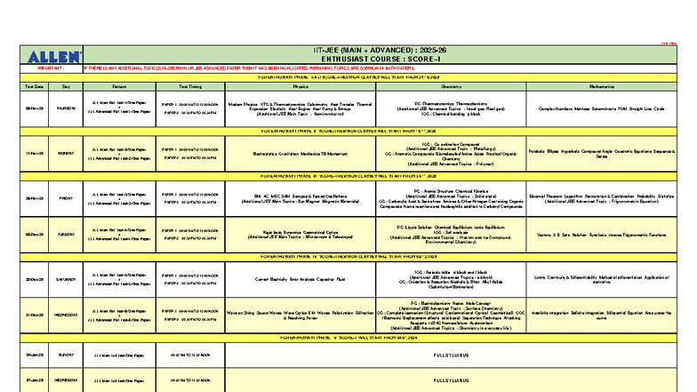 JEE MAIN & ADVANCED ENTHUSIAST COURSE REVISION SCHEDULE 2025-2026 - Studocu