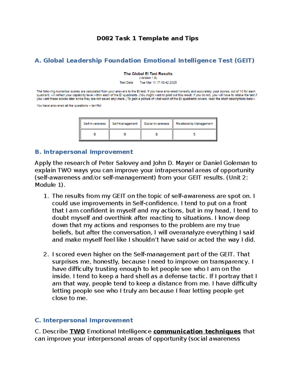 D082 Task 1 - Passed - Practice - D082 Task 1 Template and Tips A. Global Leadership Foundation ...