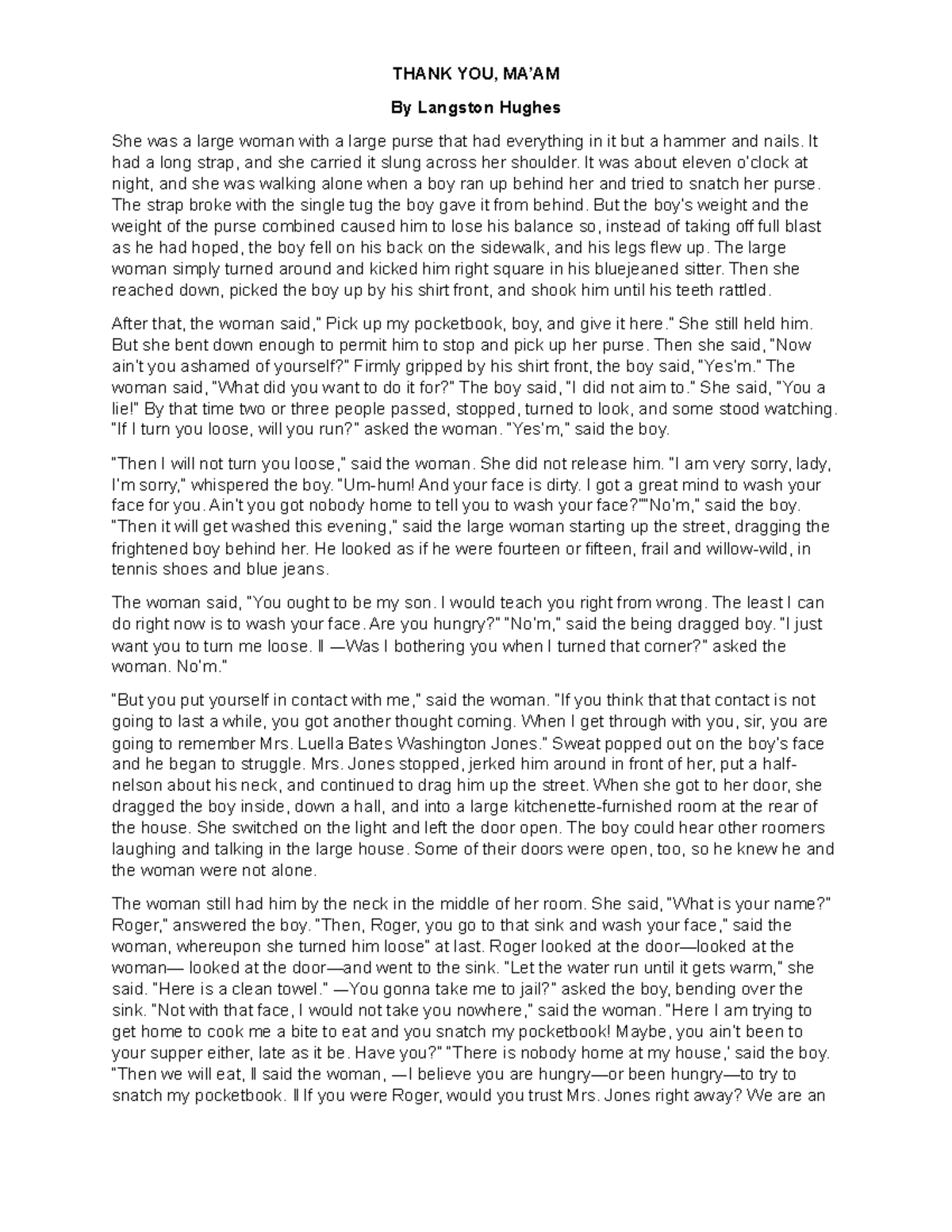 Thank-YOU-MAAM-BY- Langston- Hughes - THANK YOU, MA’AM By Langston ...