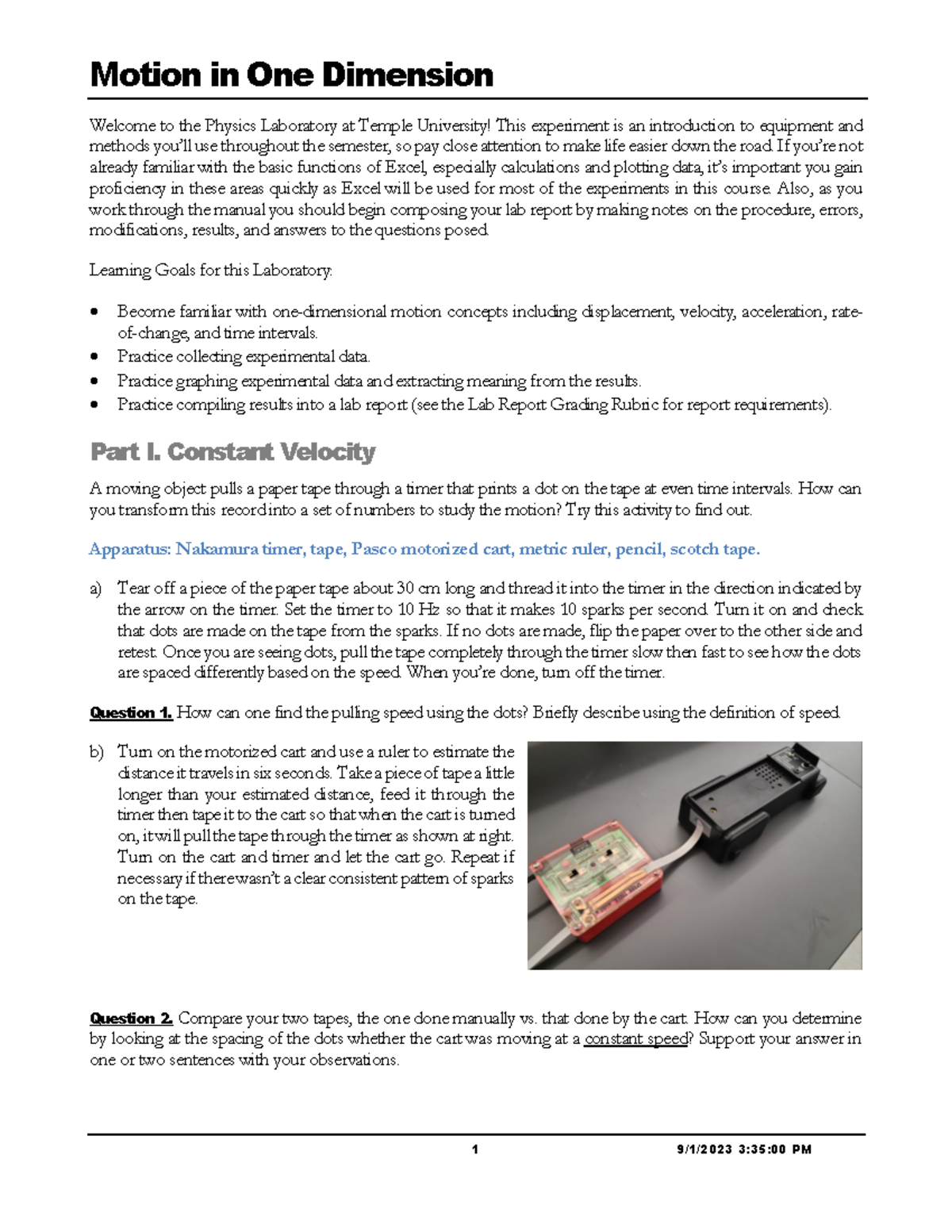 Physics Lab: Motion in One Dimension - Experiment Overview and Data ...