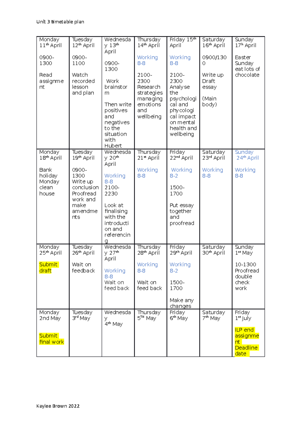 Unit 3 Timetable and Essay Plan for Assignment Due 1st July - Studocu