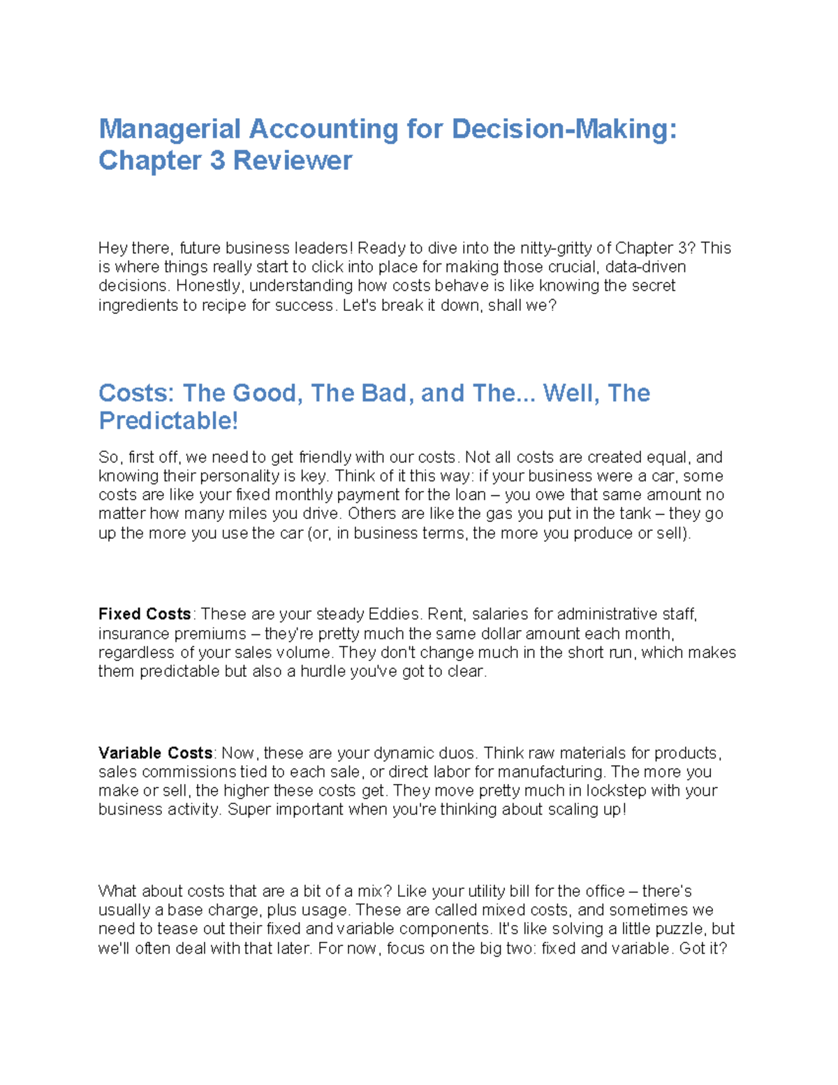 Managerial Accounting: Chapter 3 Review & Key Concepts - Studocu