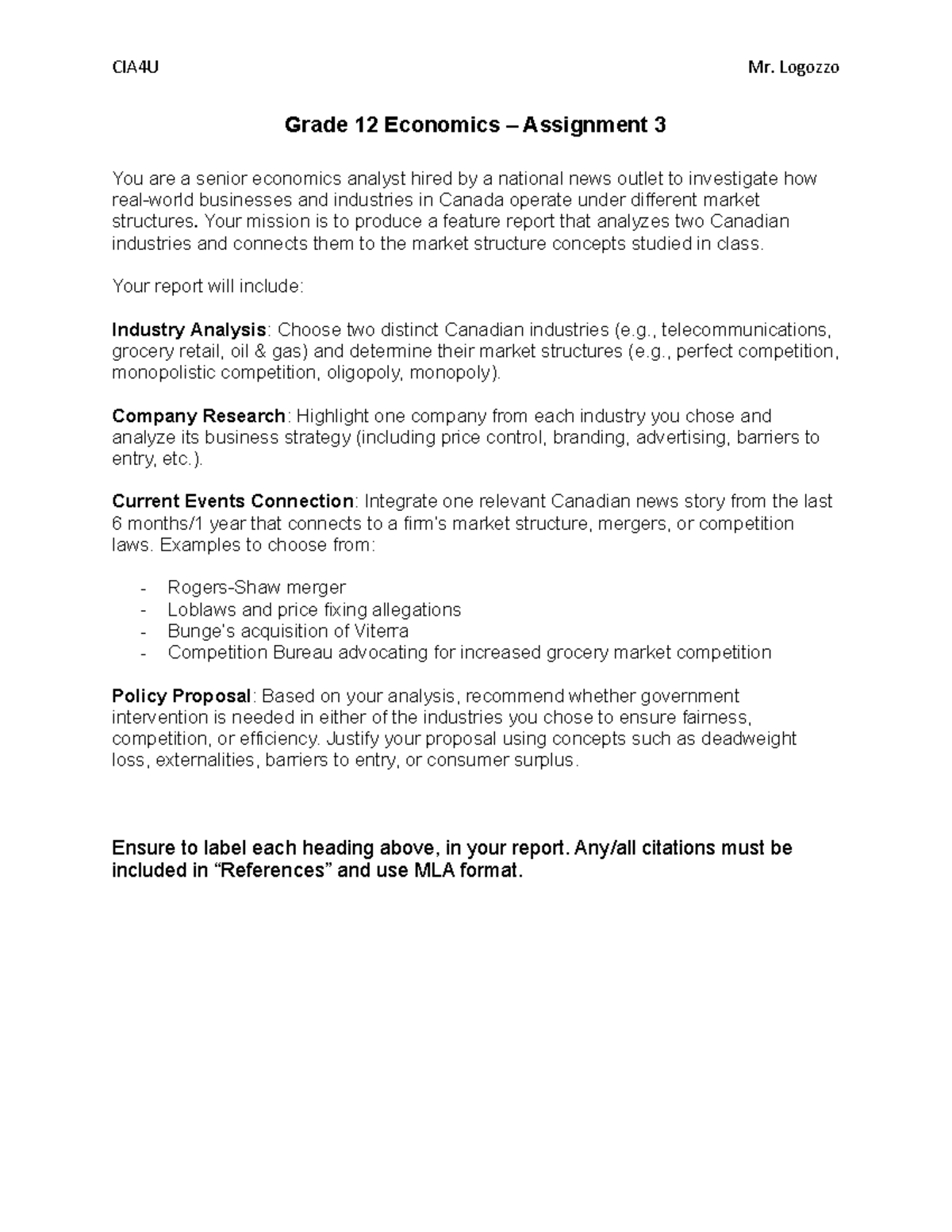 CIA4U Grade 12 Economics Assignment 3: Analyzing Canadian Market ...