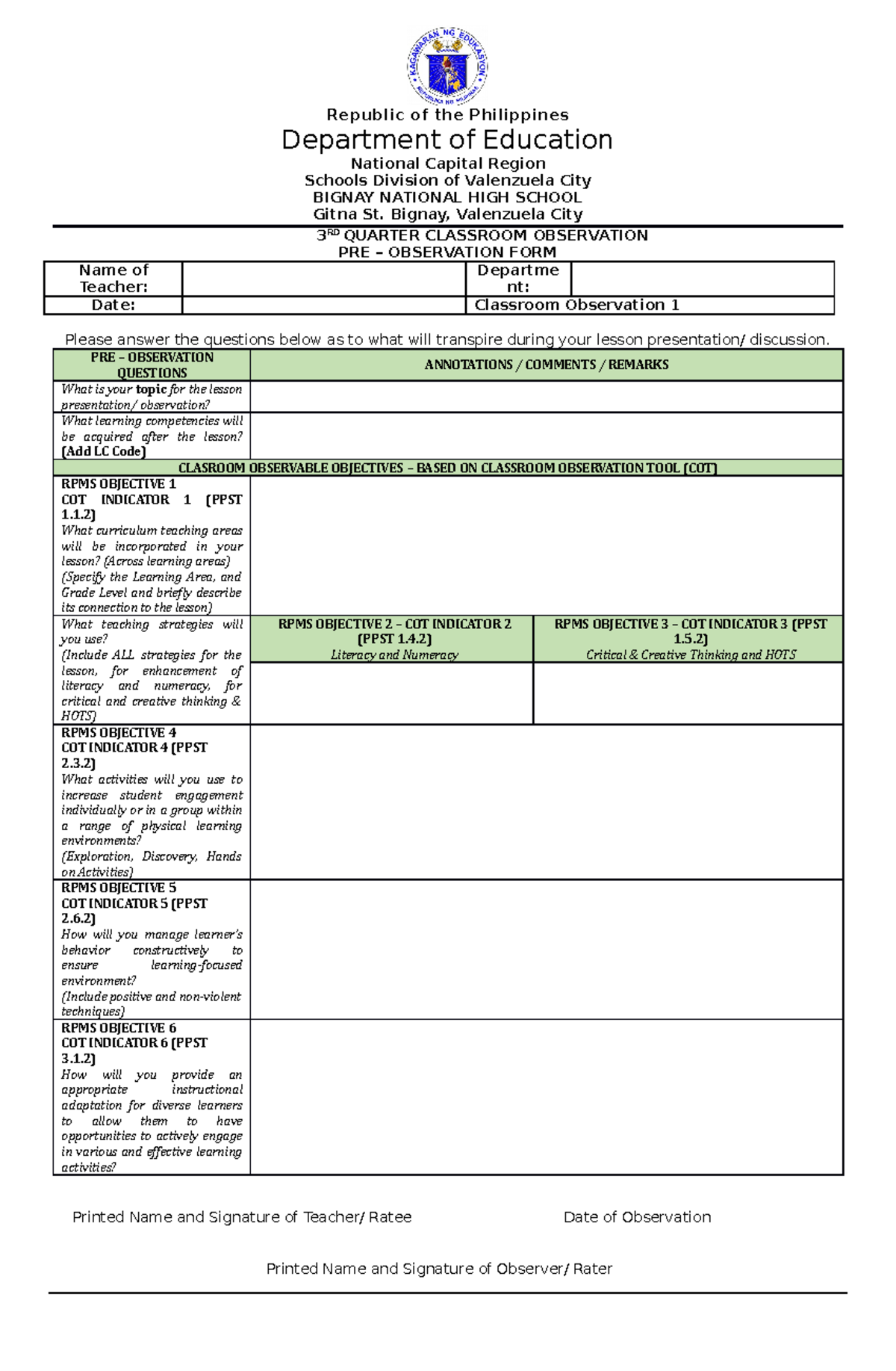 Pre-Observation Form for COT 1A 2022-2023 Classroom Review - Studocu