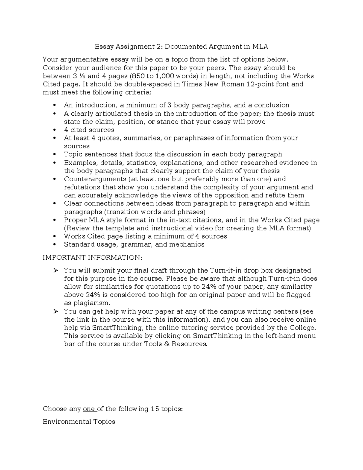 Essay Assignment 2: Documented Argument Topics for 1102-3 - Studocu