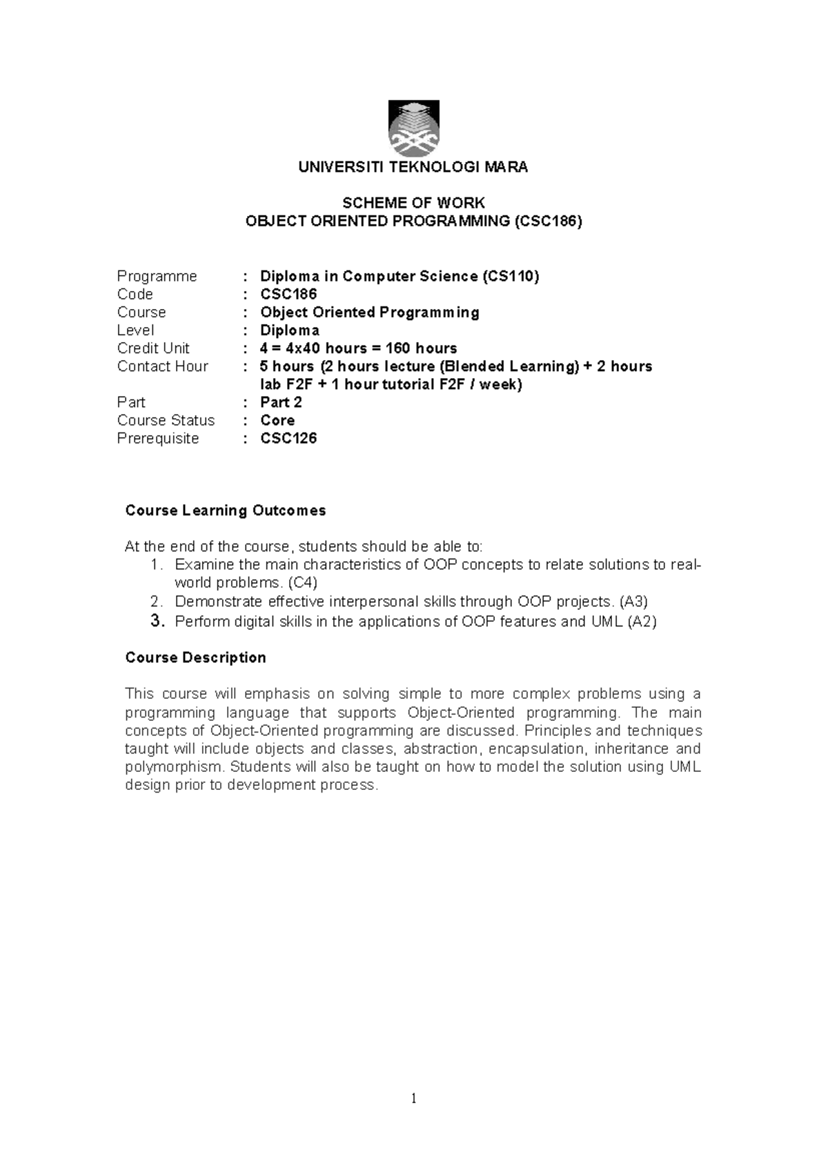 CSC186 Scheme of Work: Object Oriented Programming (Mar-Aug 2025) - Studocu