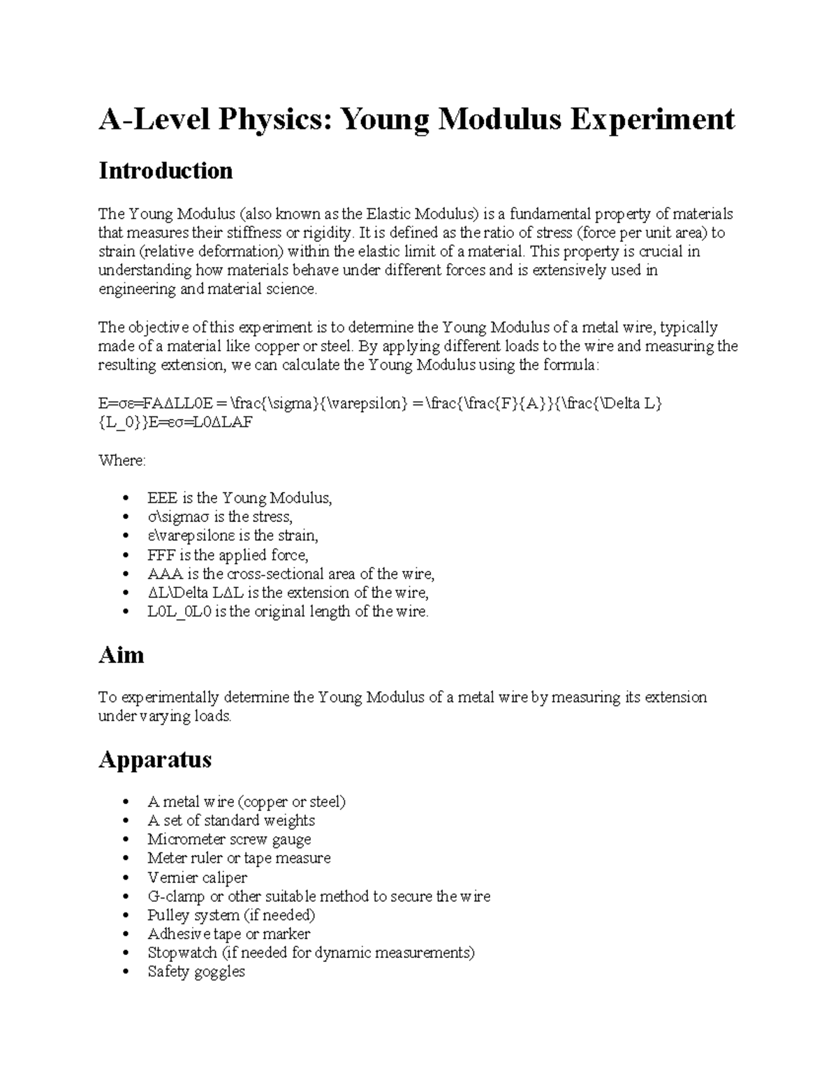 A-Level Physics: Young Modulus Experiment Overview and Procedure - Studocu