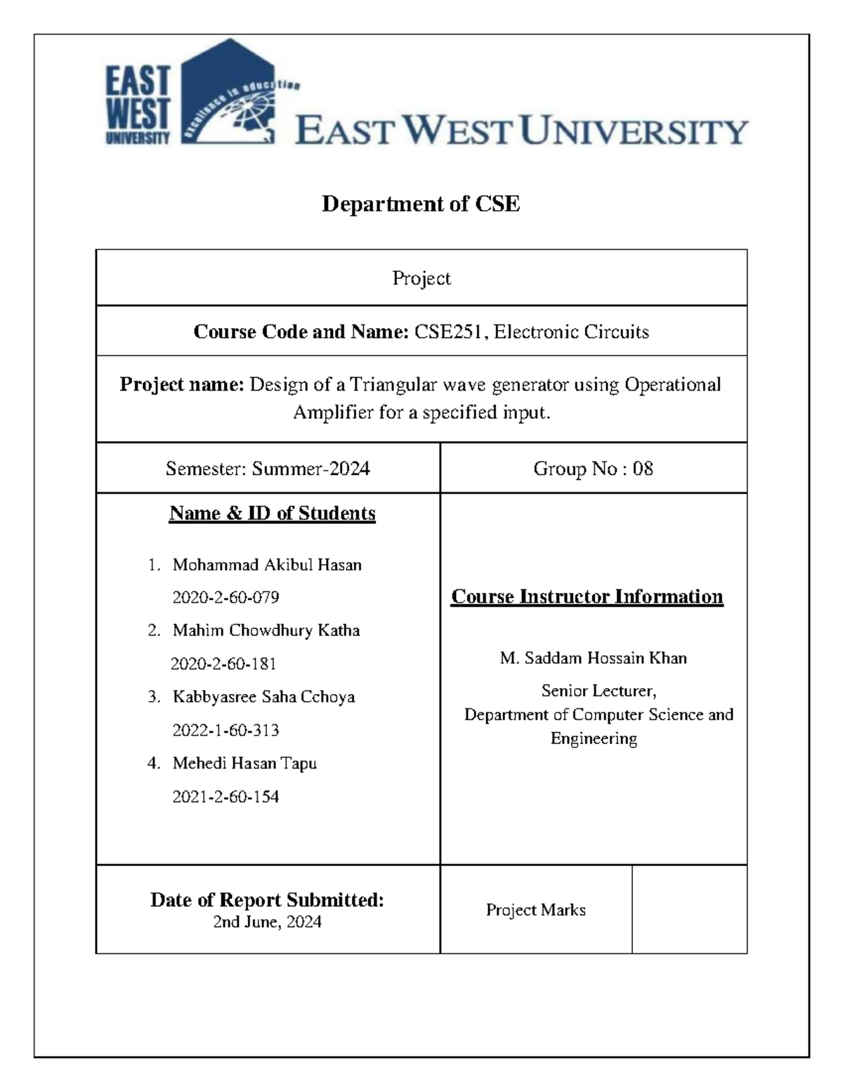 CSE251 Project Report: Triangular Wave Generator Design - Grp 08 - Studocu