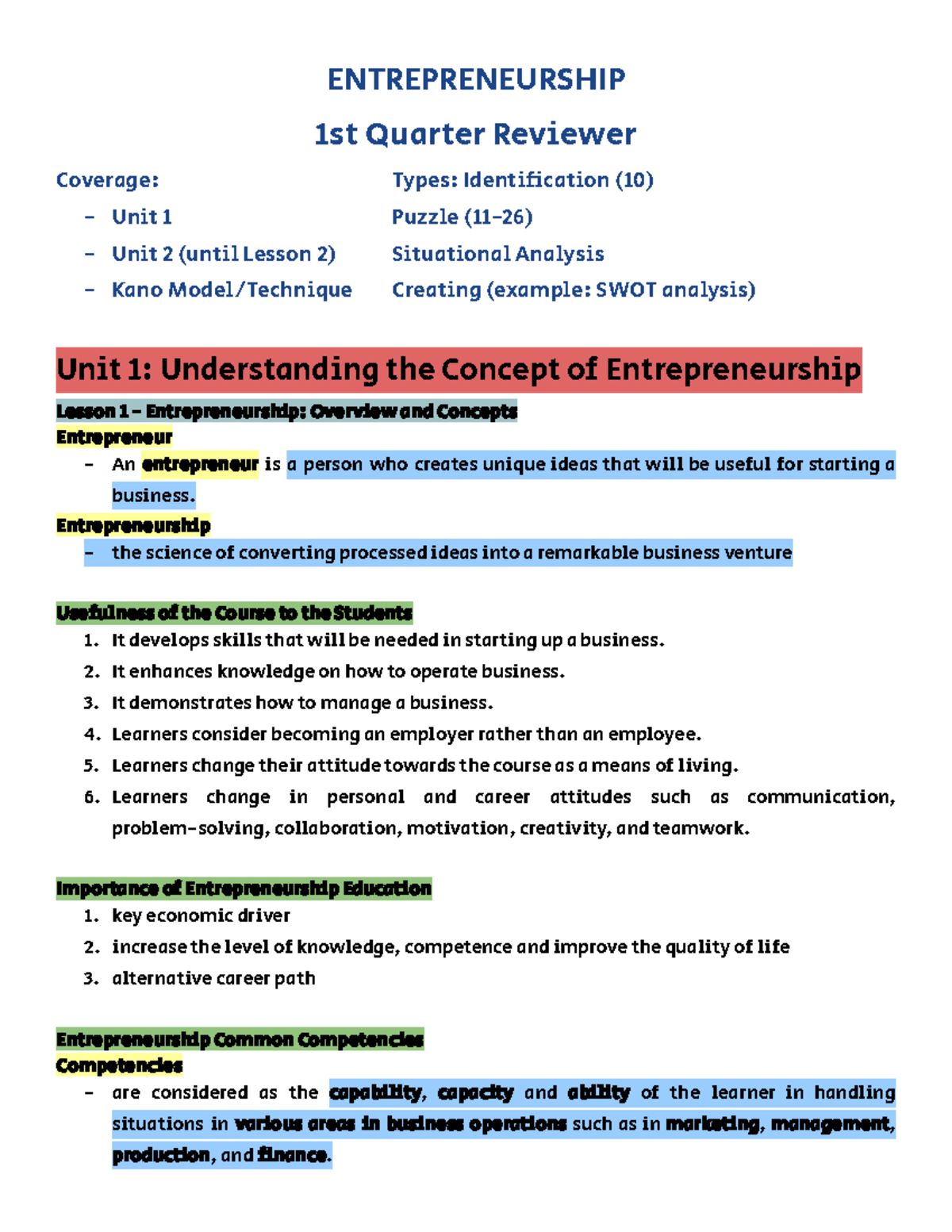 Q1 ENTREPRENEURSHIP 1st Quarter Reviewer: Key Concepts & Competencies ...