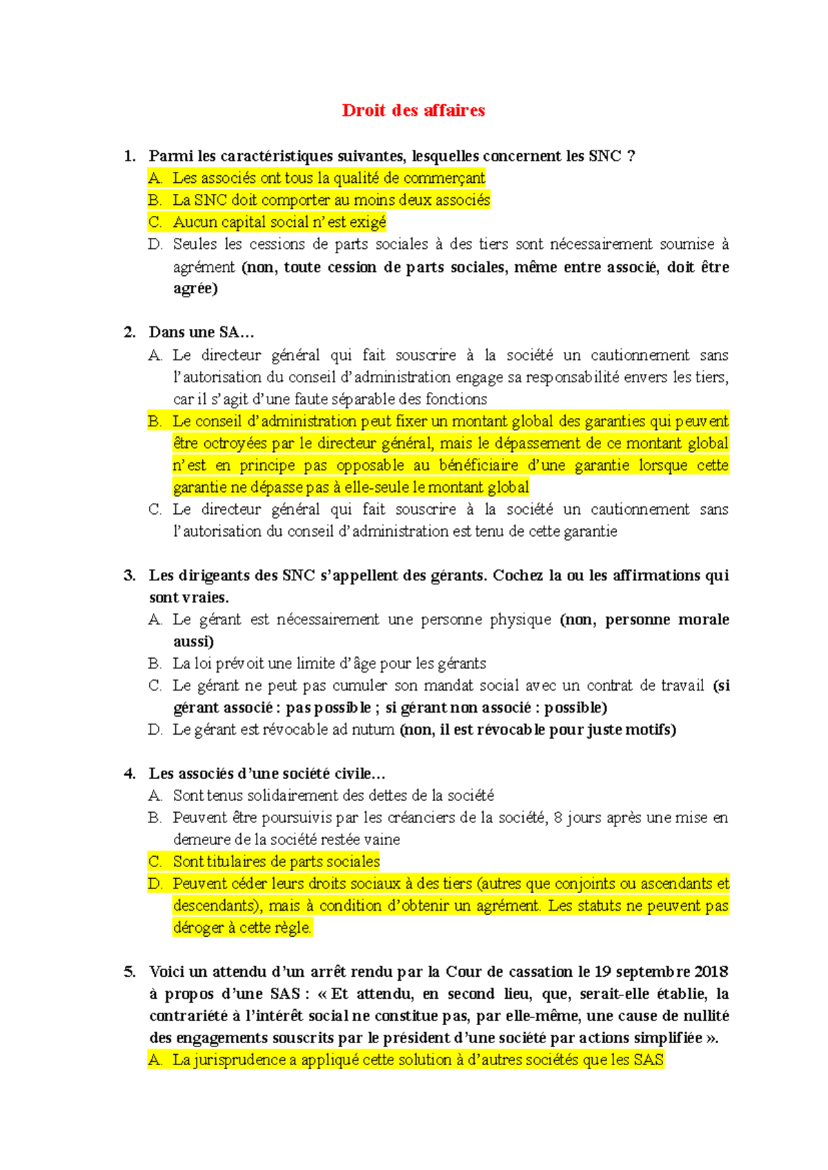QCM - Droit des affaires 1 (DAF101) : Questions et Réponses - Studocu