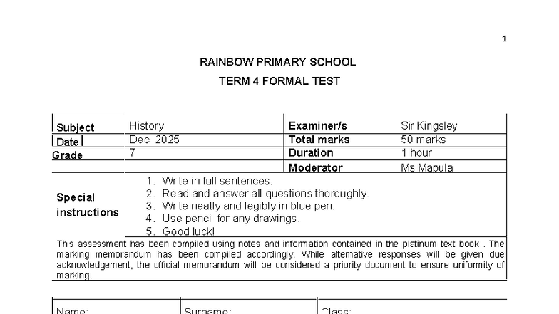 Grade 7 History Term 4 Formal Test (Dec 2025) - Studocu