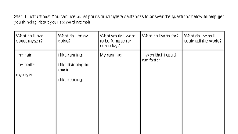 6 Word Memoir Brainstorming Instructions and Tips - Studocu