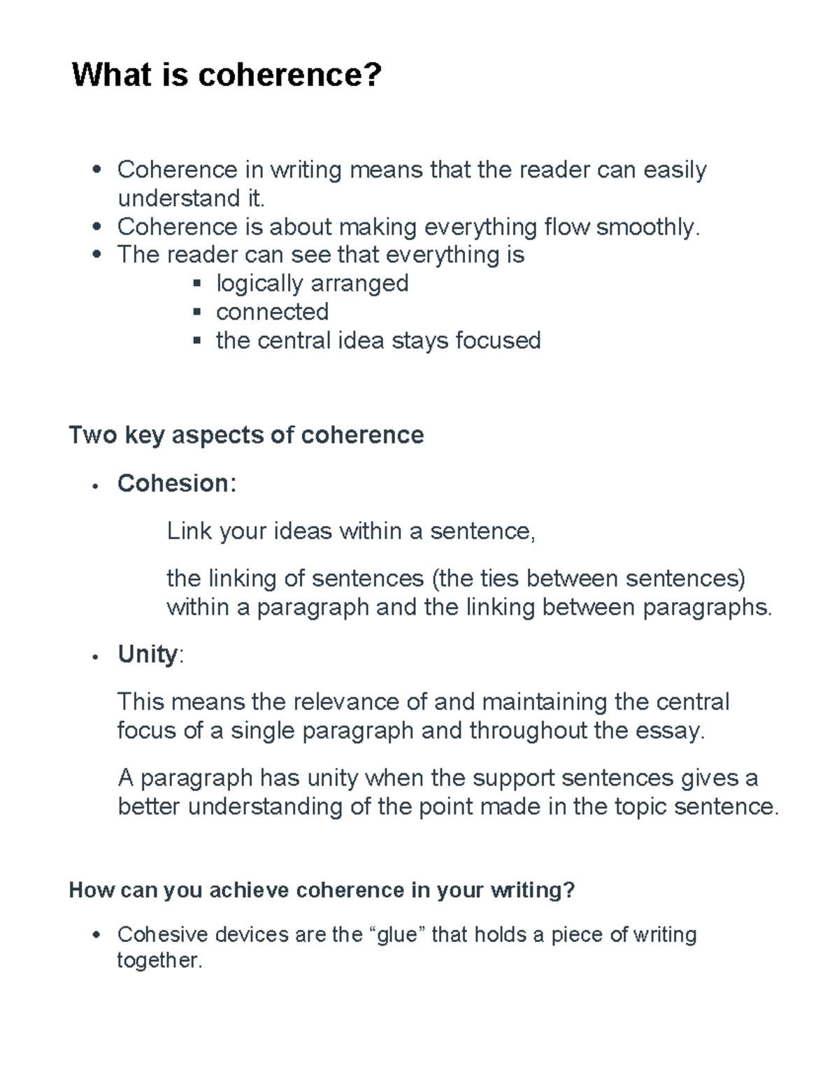 Coherence in Writing: Key Concepts and Techniques for Clarity - Studocu