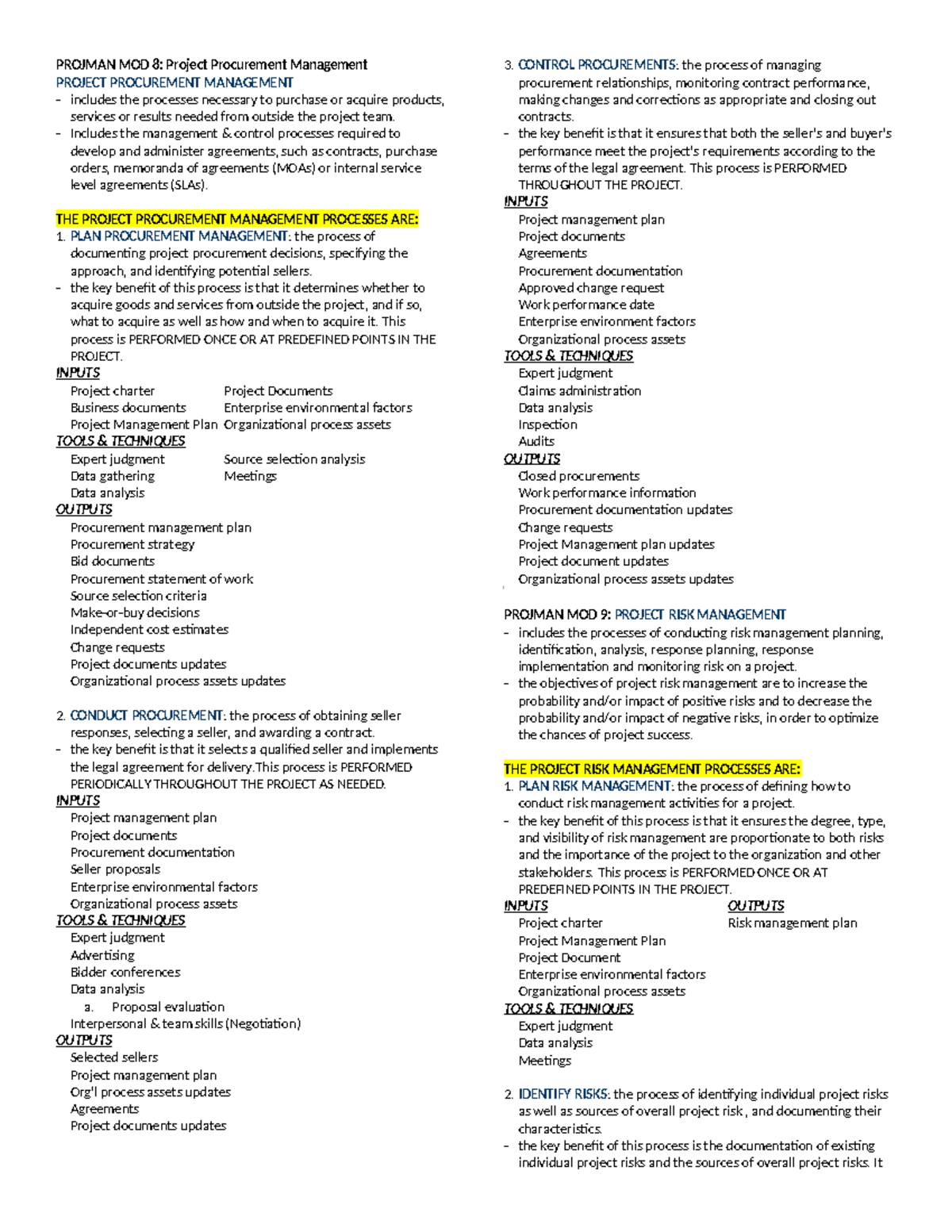 Projman MOD 8&9: Procurement & Risk Management Overview - Studocu