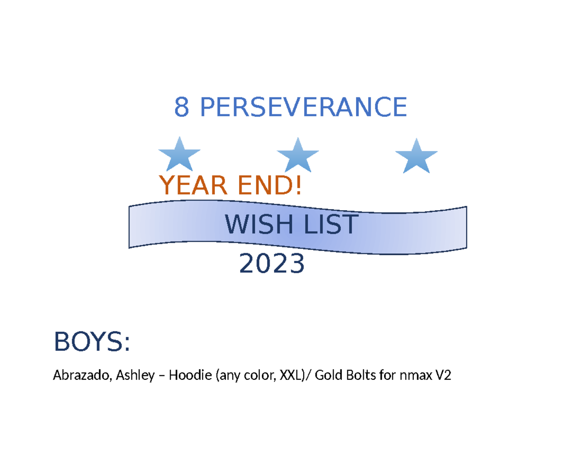 Wishlist - 8 PERSEVERANCE YEAR END! WISH LIST 2023 BOYS: Abrazado ...