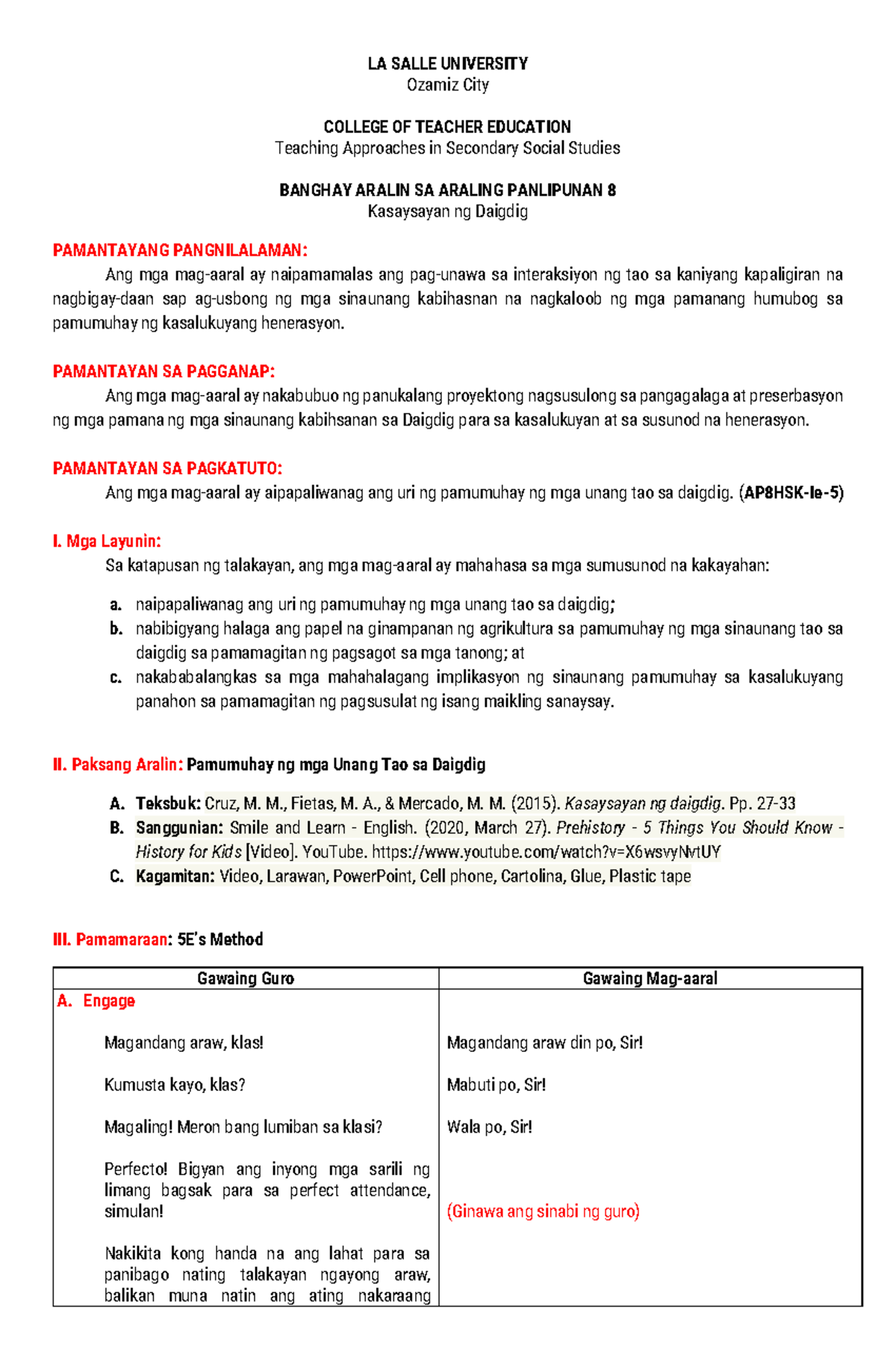 Lesson Plan: 5E's Method on Early Human Lifestyles (Revised) - Studocu