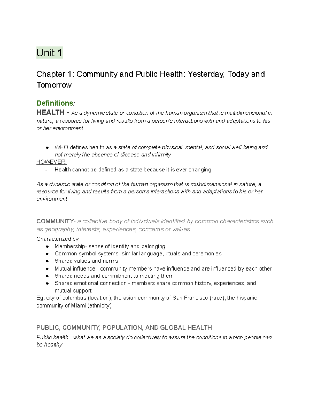 Unit 1 Chapter 1: Community and public health overview and definitions ...